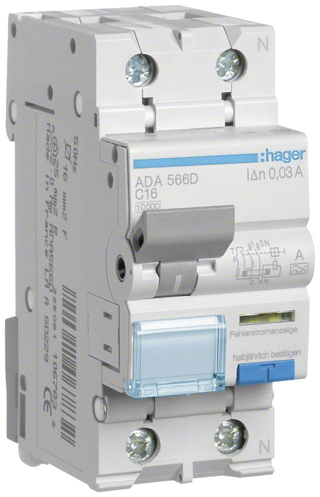 FI/LS-Schalter Hager RCBO 2P 240V Charakteristik C 16A 0.03A Typ A 10kA 2TE - Elektrogrosshandel