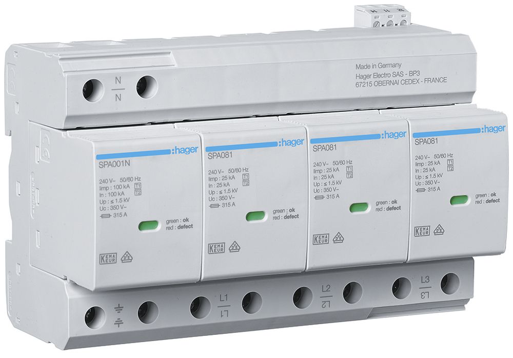 Kombiableiter Hager SPD TN-S TT 4L 400V 25kA 1.5kV 8TE - Elektrogrosshandel