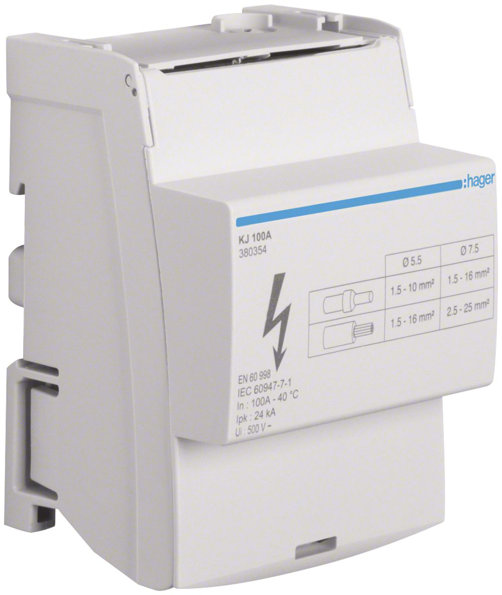 Messingschienenverteiler Hager 4L 100A 2×2.5…25mm²/5×1.5…16mm² ...