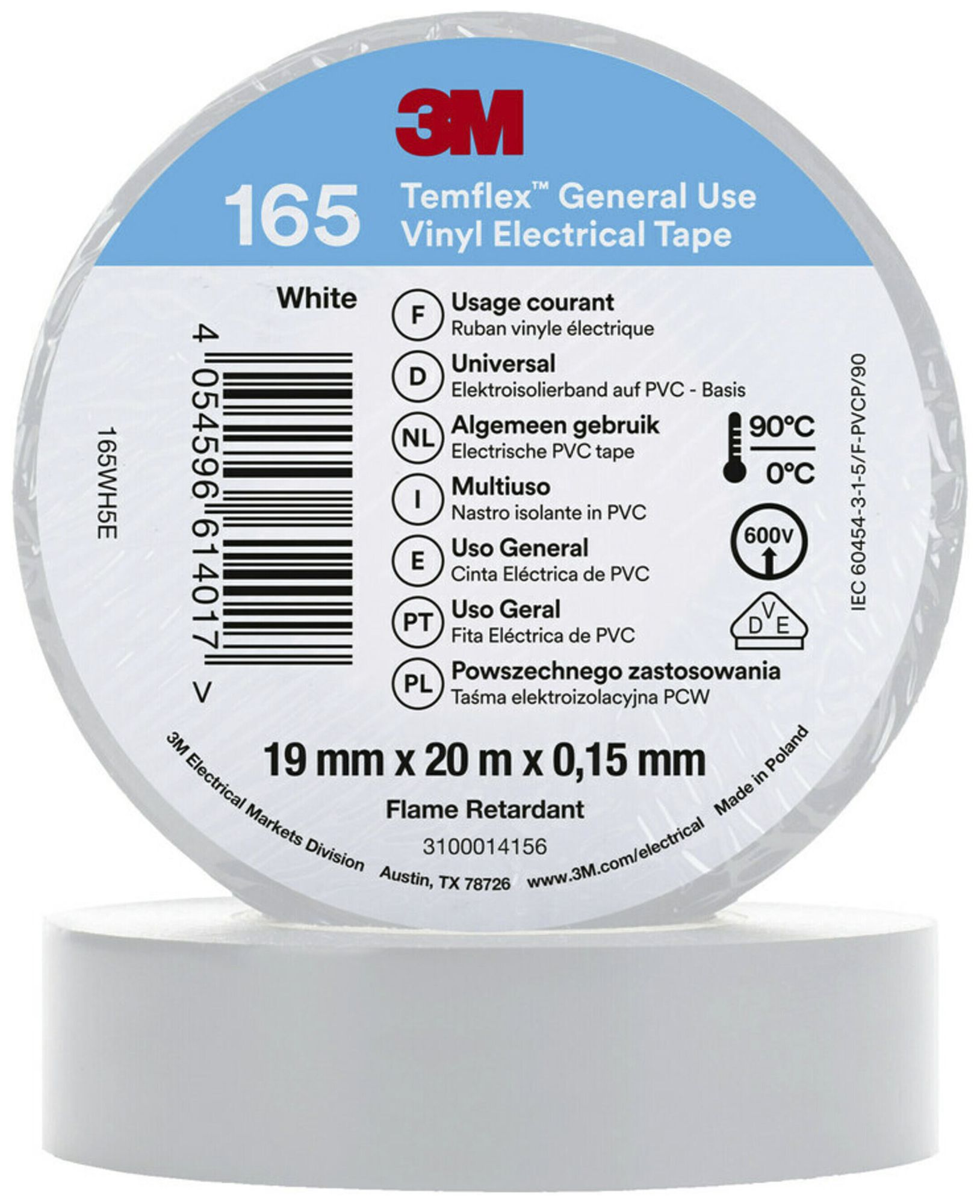 Isolierband 3M Temflex 165 19mm×20m×0.15mm weiss VDE 600V 0…90°C - Elektrogrosshandel