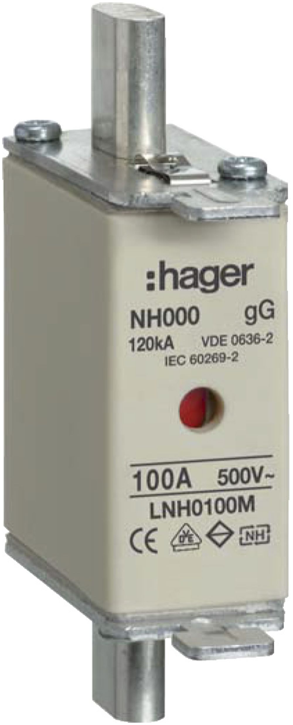 NH-Sicherung Hager DIN000 500VAC 100A gG/gL Doppelkennmelder rostgeschützt - Elektrogrosshandel